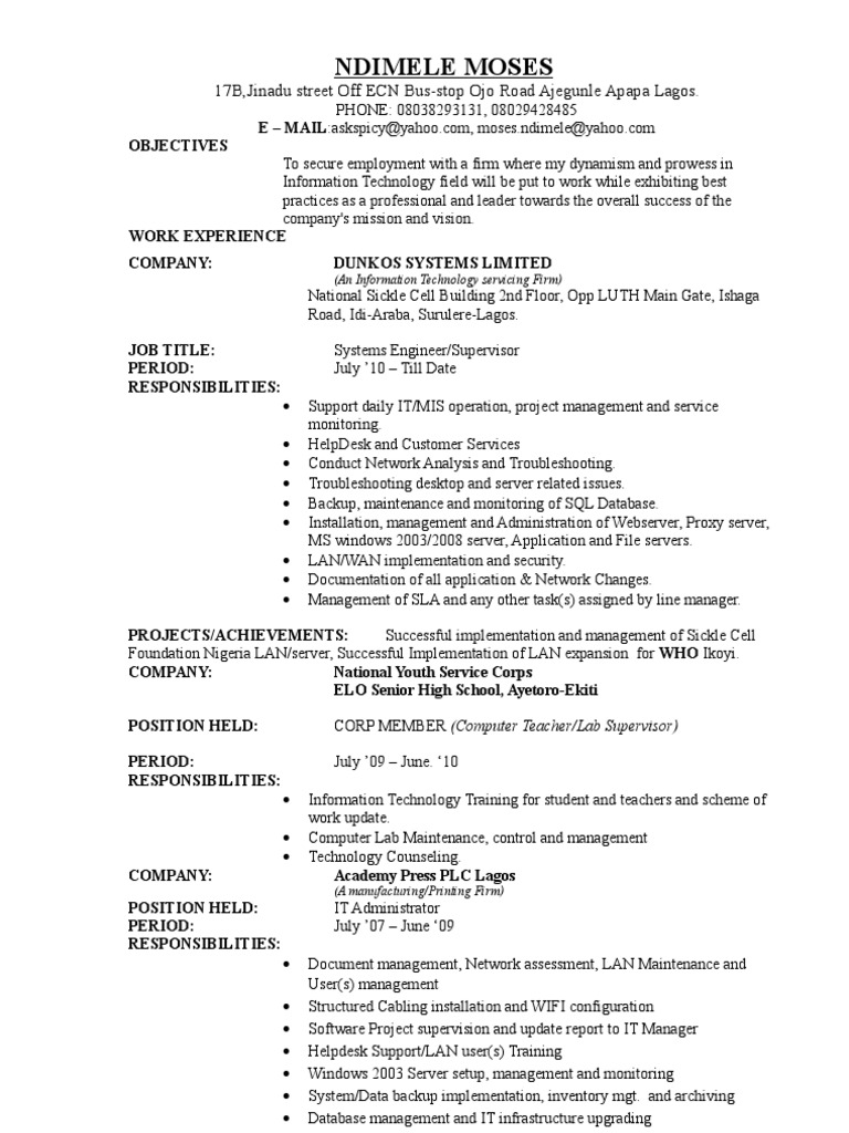 Moses CV | PDF | Help Desk | Computer Network