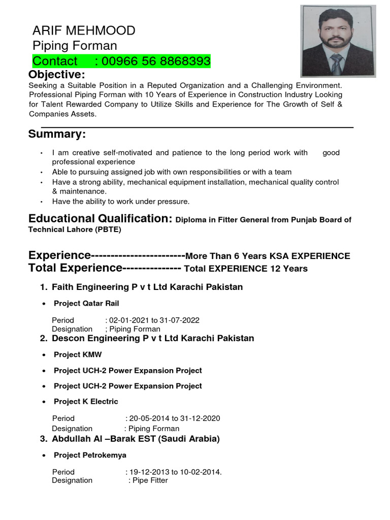 CV - Arif - Mehmood - Pipe Forman | PDF | Pakistan