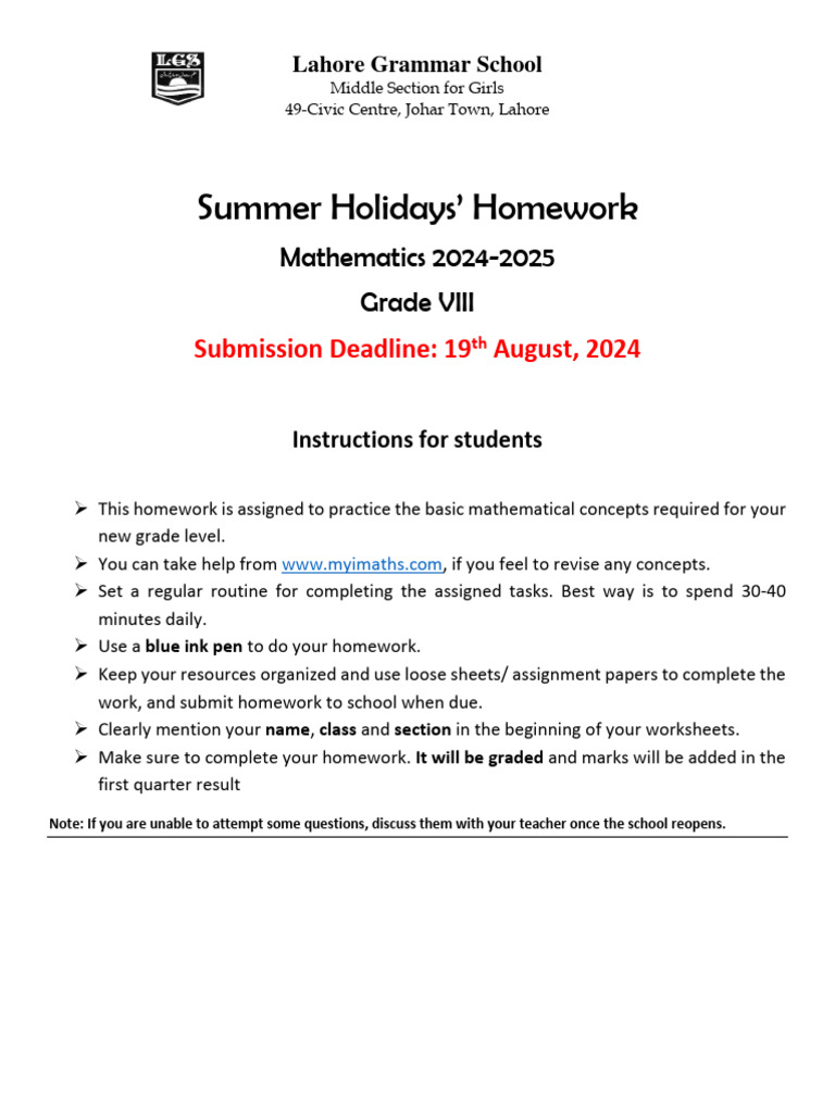 Grade 8 Math Holiday Homework 2024 | PDF