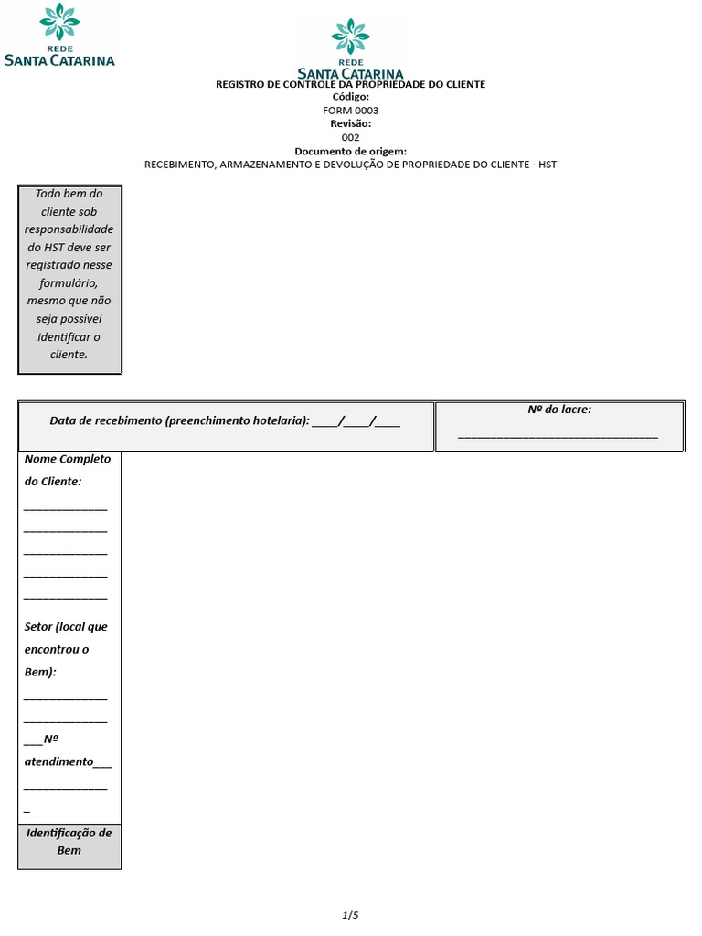 Id11896 Form 0003 Registro de Controle de Propriedade Do Cliente Cabecalho | PDF