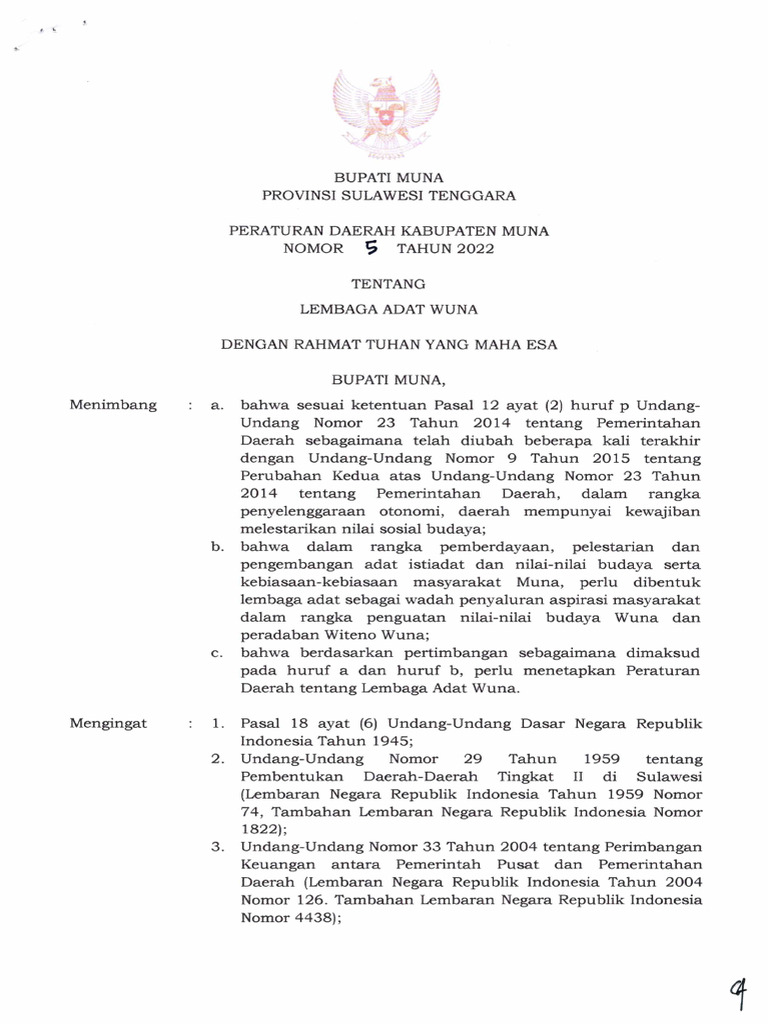 Perda 5 2022 Tentang Lembaga Adat Wuna | PDF | Ilmu Sosial