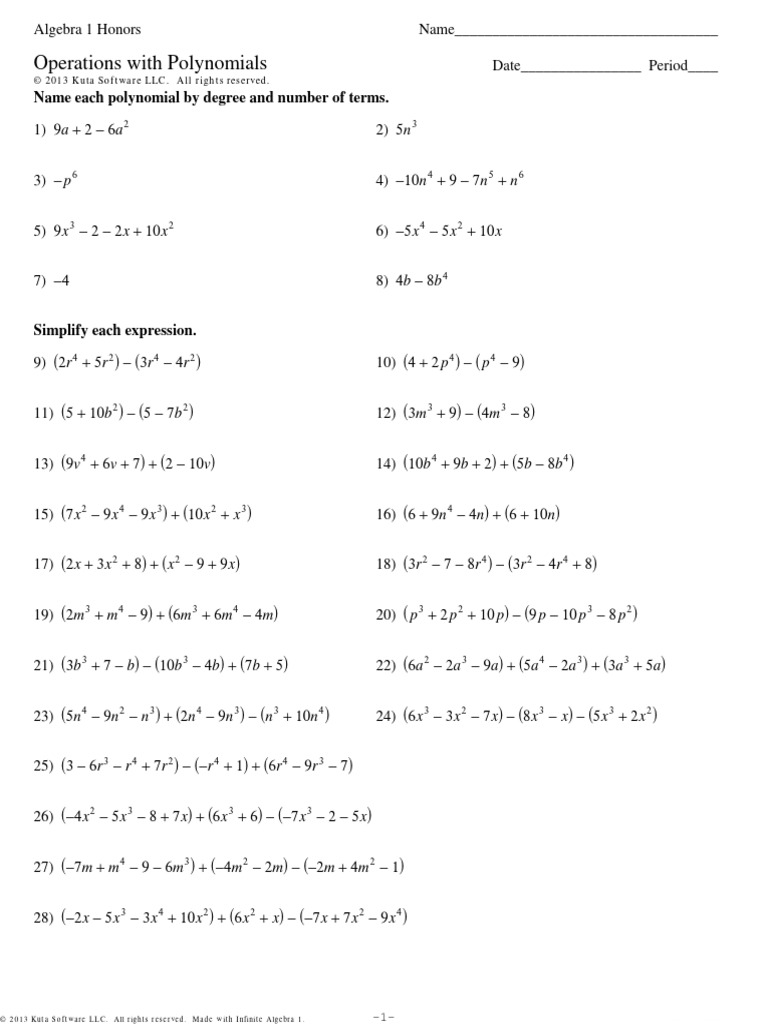 Alg 1 Hon - Worksheet - Operations With Polynomials | PDF