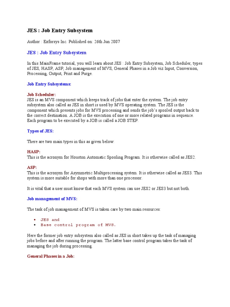 Jes Job Entry Subsystem Pdf Computing Infrastructure System Software
