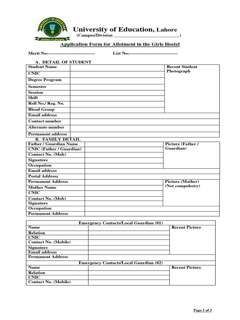 Girls Hostel Admission Form | PDF