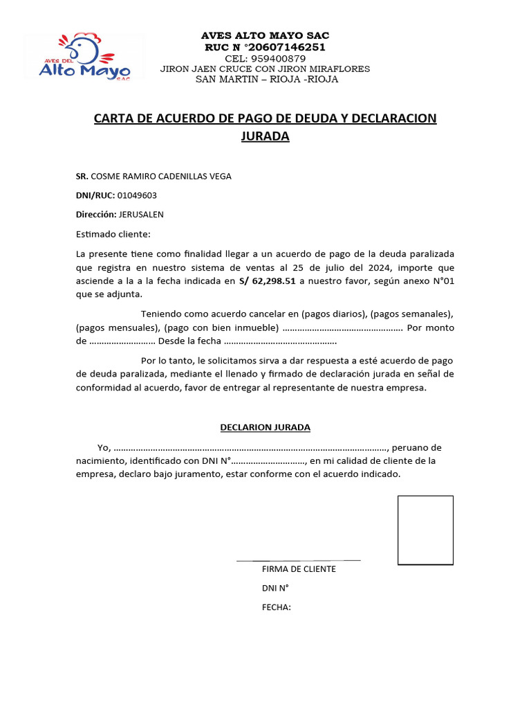 Acuerdo de Pago de Deuda Aves Alto Mayo | PDF