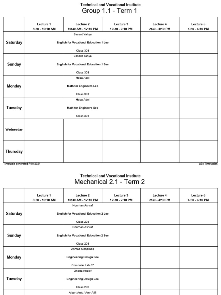 Timetable | PDF | Mechatronics | Classes Of Computers
