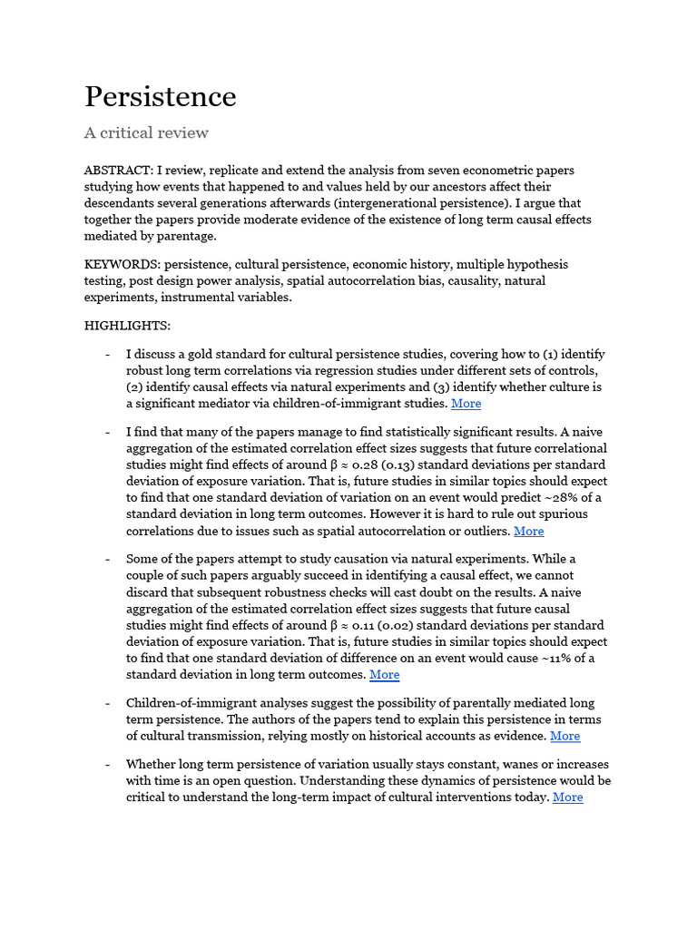 Persistence A Critical Review | PDF | Causality | P Value