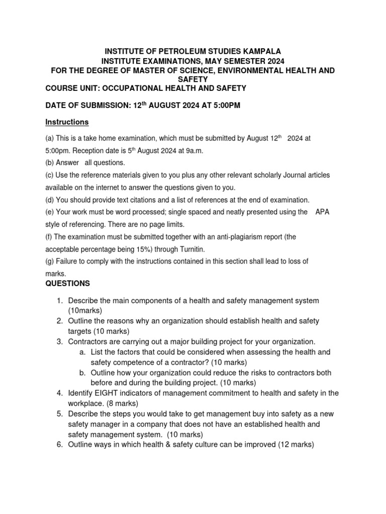 Final Examination For Occupational Health and Safety May Semester 2024 MSC EHS | PDF