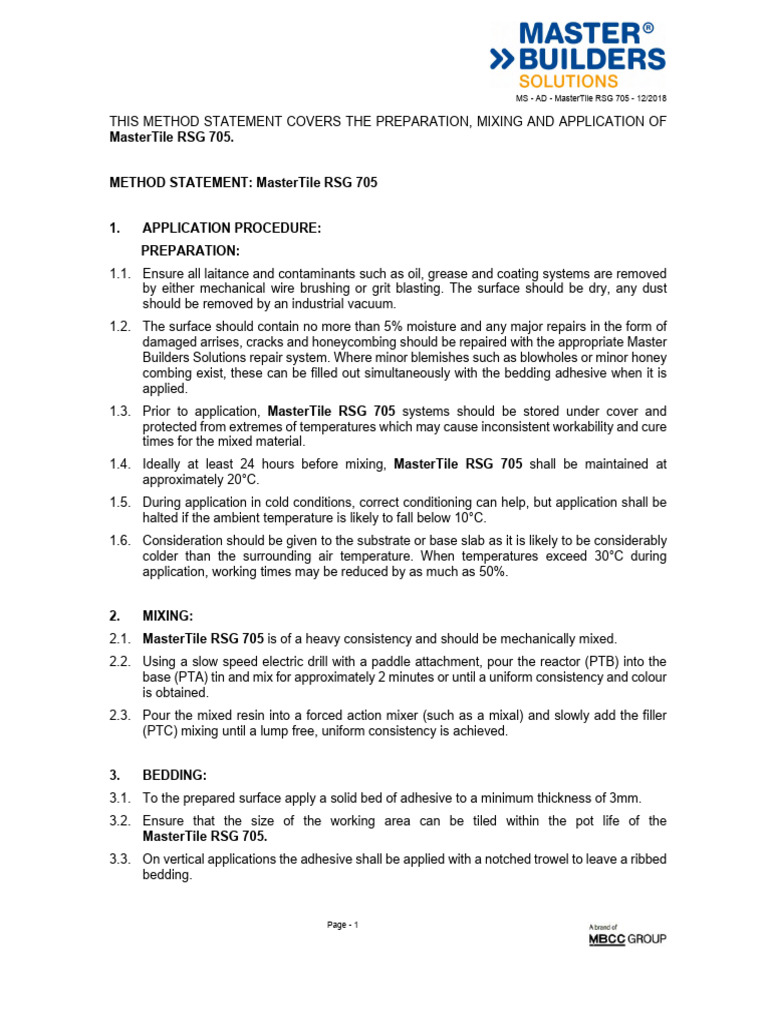 Mastertile-Rsg-705 Acid Resistant Tile Grout - Method Statement | PDF ...
