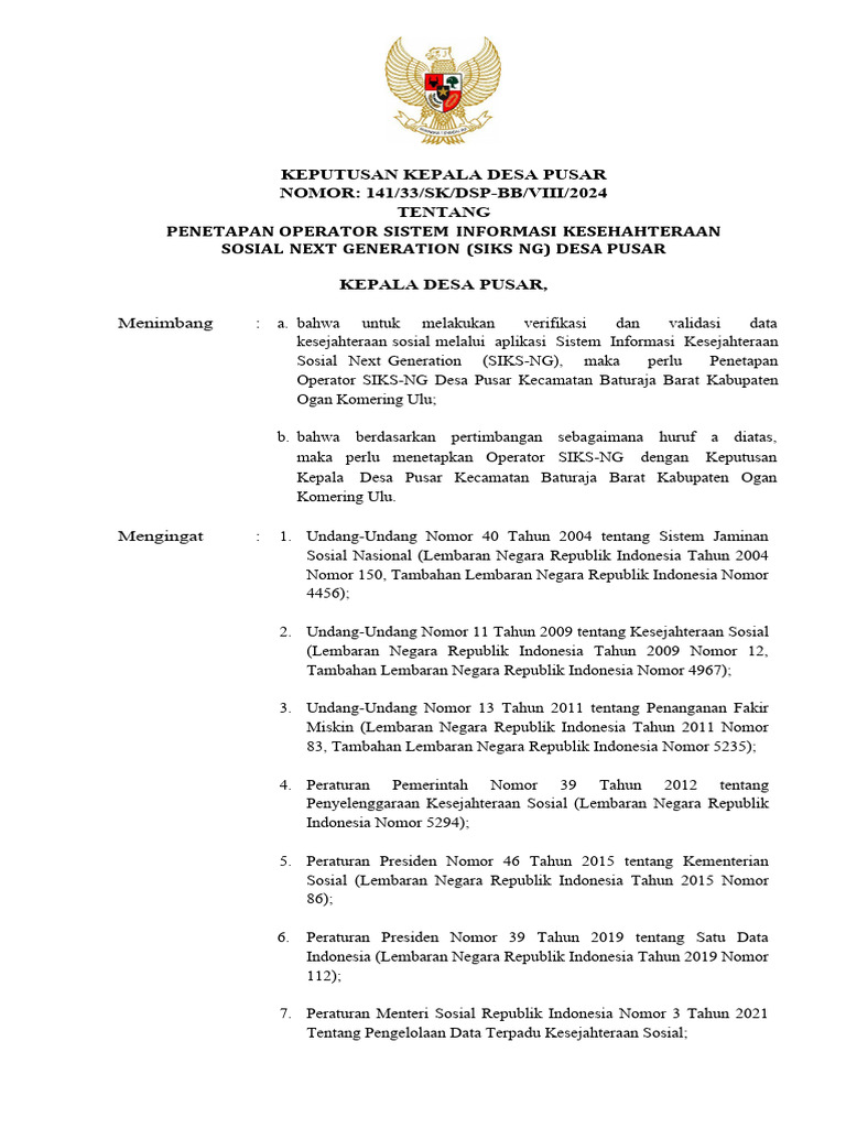 SK Operator Siks NG Desa Pusar | PDF