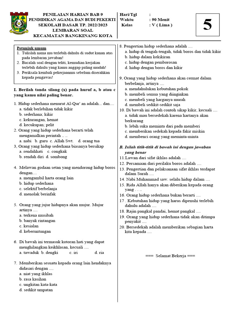 LEMBAR SOAL PH BAB 8 DAN 9 PAI KELAS 5 SM 2 2023 | PDF