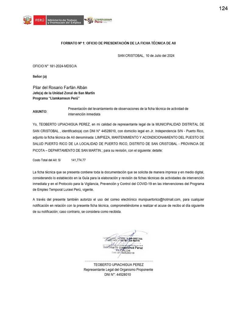 Oficio 181 2024 Mdsc | PDF | Documento de identidad | Presupuesto