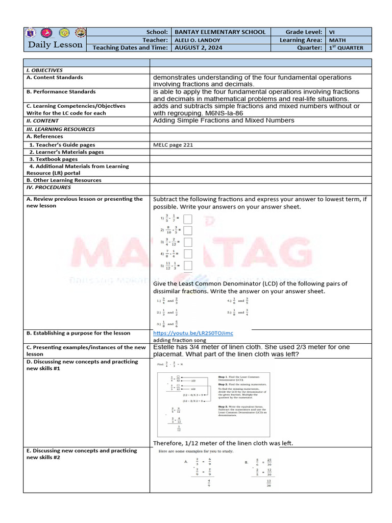 dll math 6 q1, w1, d3 | PDF | Mathematics | Behavior Modification