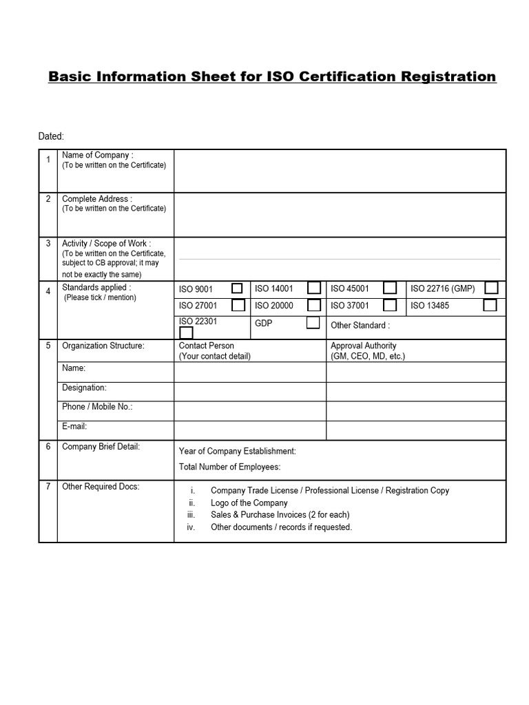 Basic Information Sheet - ISO CERTIFICATION | PDF | Career & Growth | Business