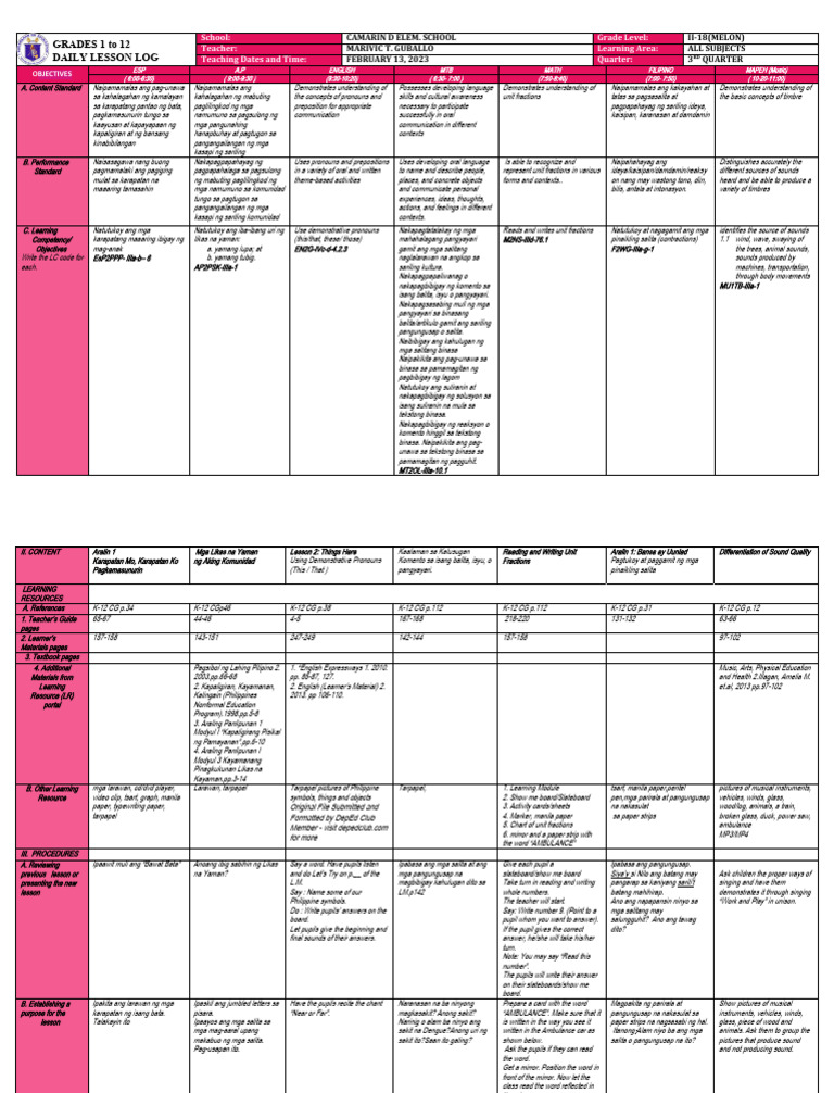 DLL All Subjects 2 q3 w1 D1-Guballo | PDF