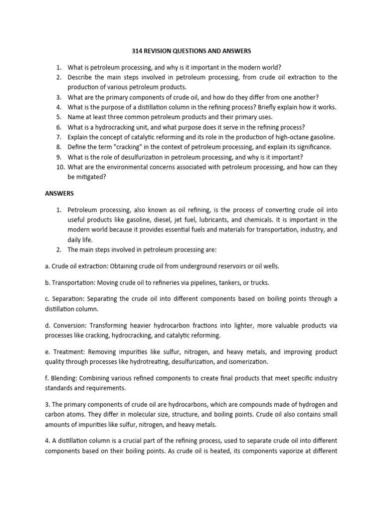 314 Revision Questions | PDF | Oil Refinery | Petroleum