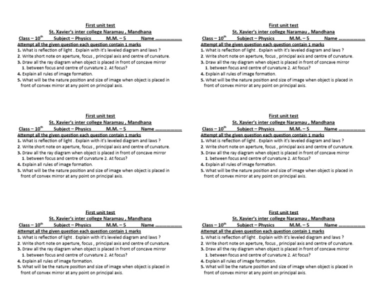 Class 10th First Unit Test 2024 - 25 | PDF | Mirror | Atomic Class 10th First Unit Test 2024 - 25 | PDF | Mirror | Atomic
