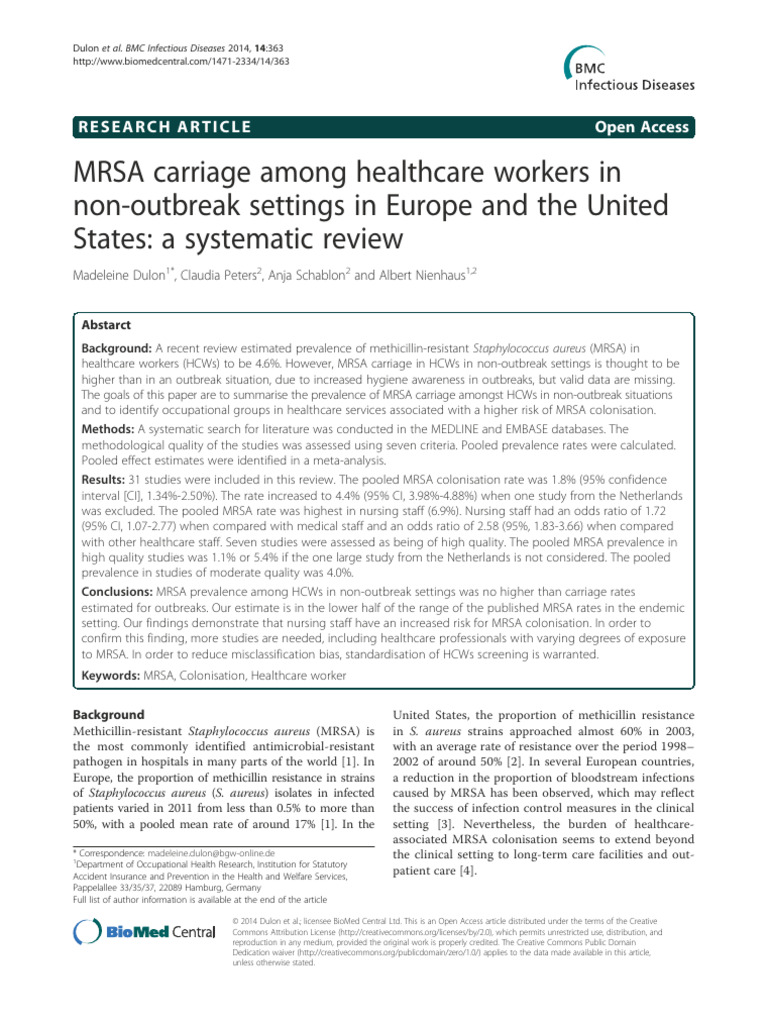 MRSA Carriage Among Healthcare Workers in Non-Outbreak Settings in ...