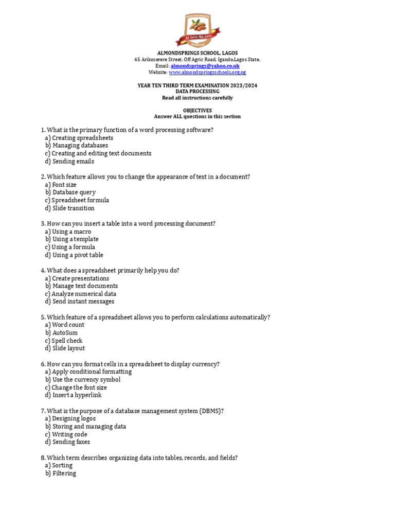 Year 10 Data Processing Exam 2023/24 | PDF | Spreadsheet | Databases