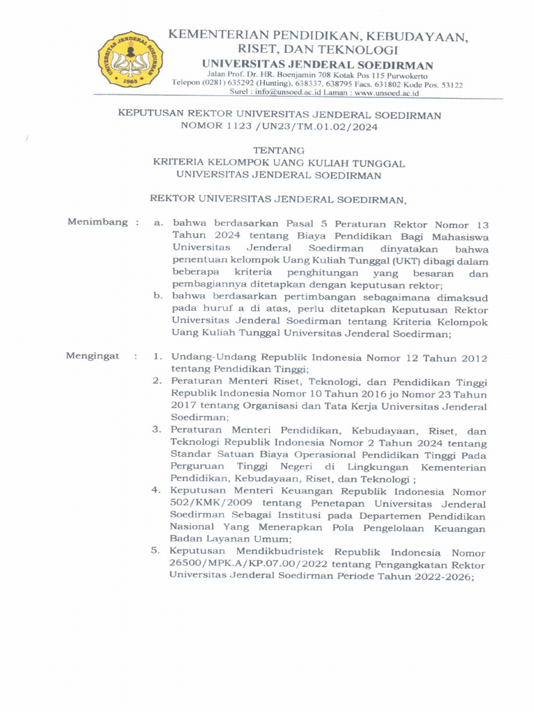 SK Rektor No 1123 Tahun 2024 Tentang Kriteria Kelompok Uang Kuliah ...