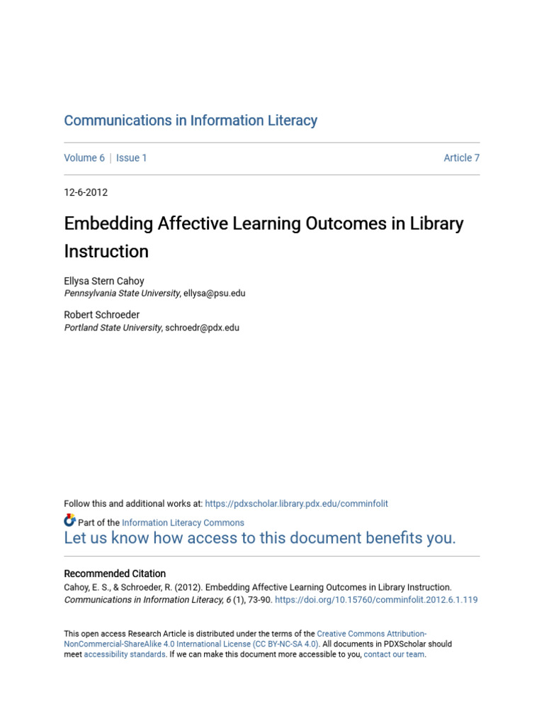 Embedding Affective Learning Outcomes In Library Instruction Pdf