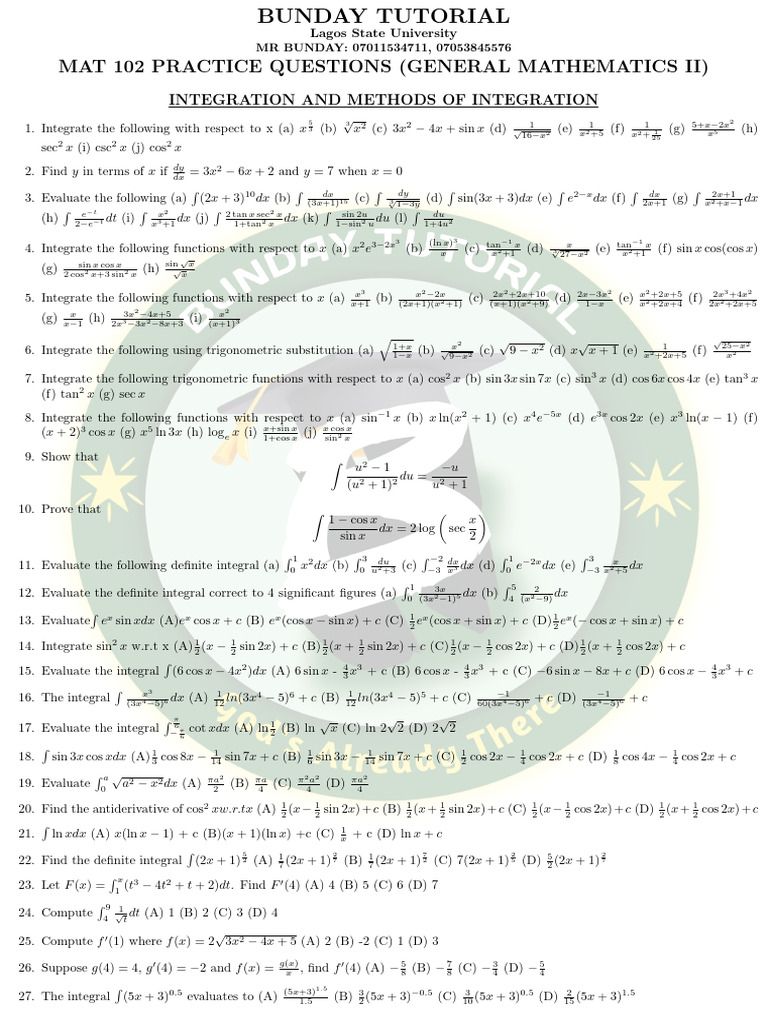 Bunday Tutorial Mat102 Integration Practice Questns | PDF | Trigonometric Functions | Calculus