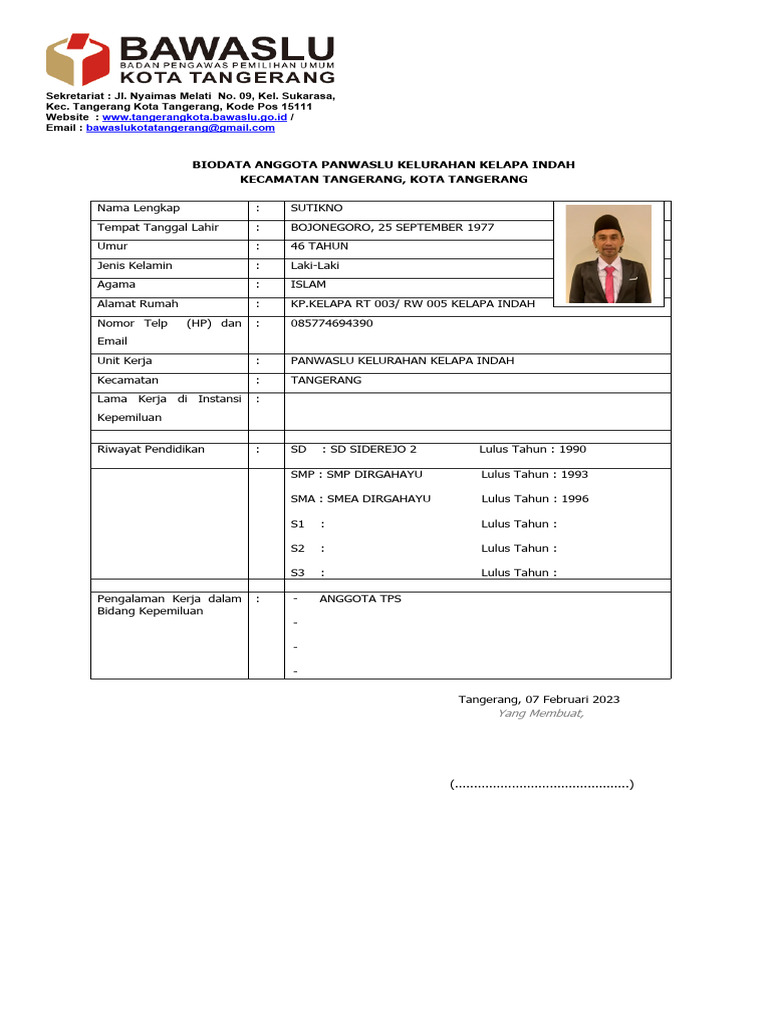 Biodata Panwas Kelurahan Se - Kecamatan Tangerang | PDF