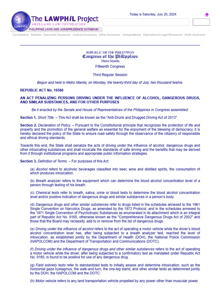 Republic Act No. 10586 Anti-Drunk and Drugged Driving Act of 2013 . | PDF | Driving Under The ...