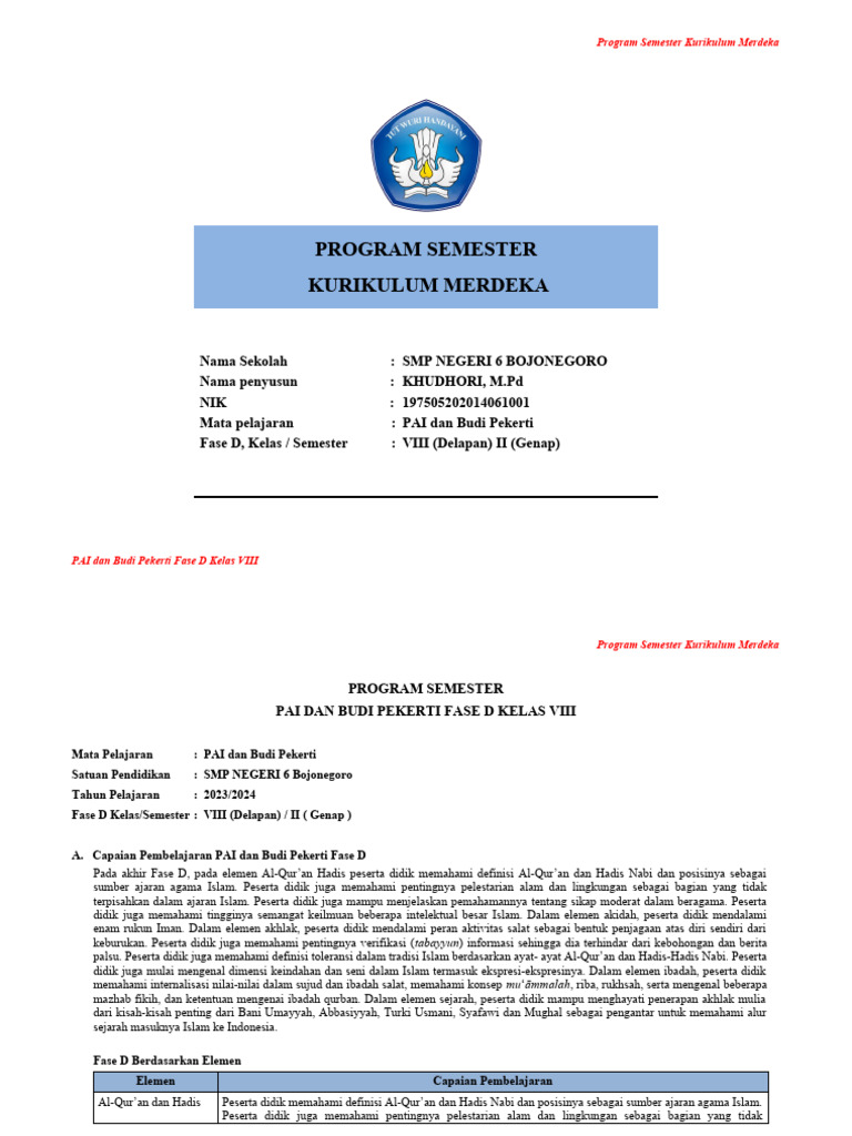 PROMES KURIKULUM MERDEKA-8 Genap | PDF