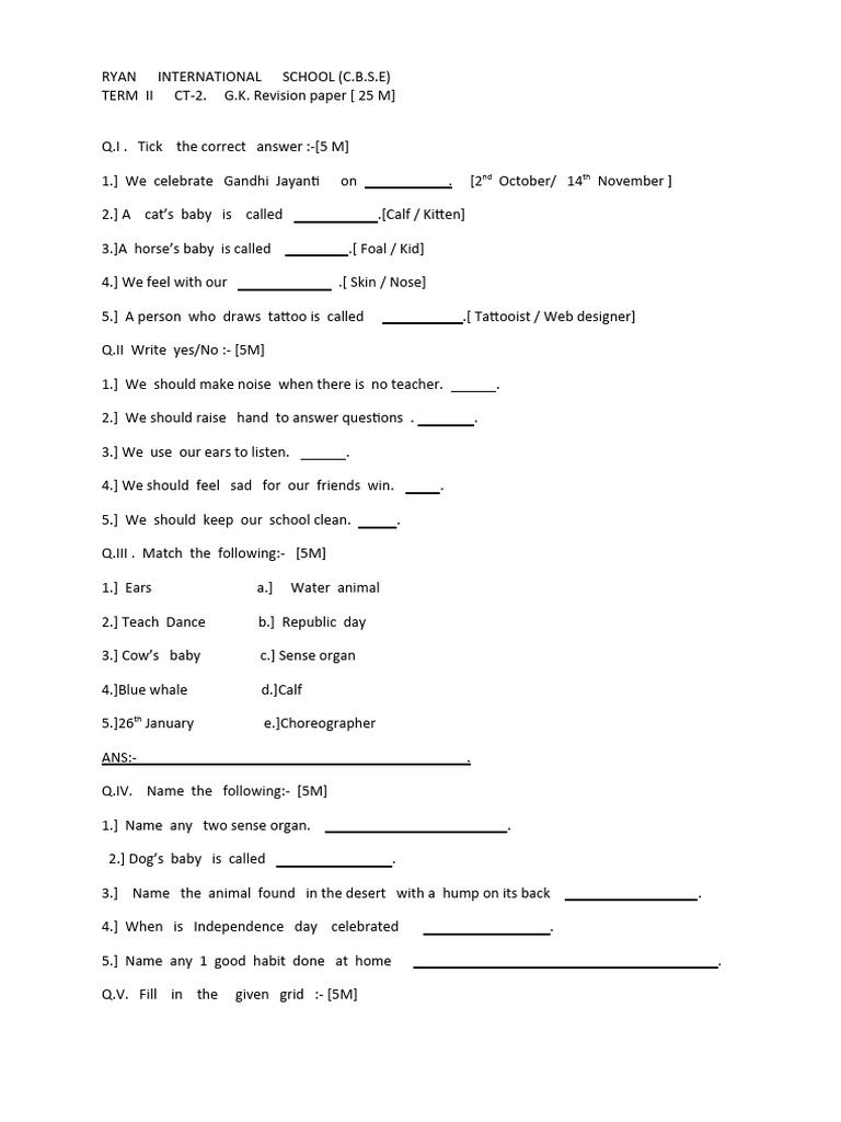 GK Revision Paper Term 2 Grade 2 | PDF