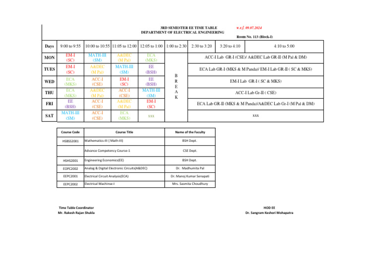 43093rd Semester Time Table For Electrical Department For The Session ...