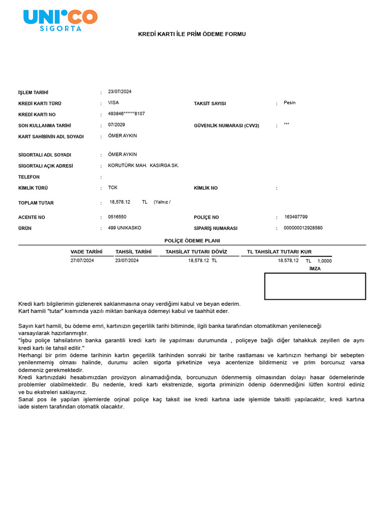 Ömer Aykın Kasko Makbuzu | PDF