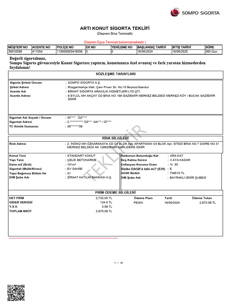 Gi̇zem Güneş Konut Sompo Sigorta Teklifi | PDF