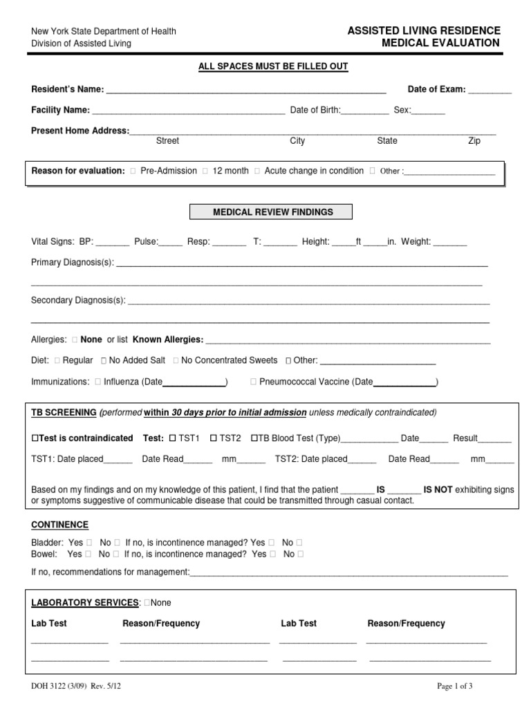 New York Assisted Living Medical Evaluation | PDF | Assisted Living ...
