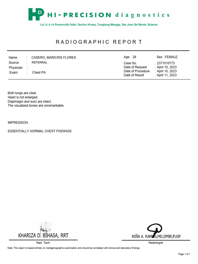 Normal Chest X-Ray Report Summary | PDF | Science & Mathematics