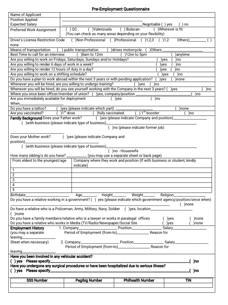 Pre Employment Questionaire | PDF