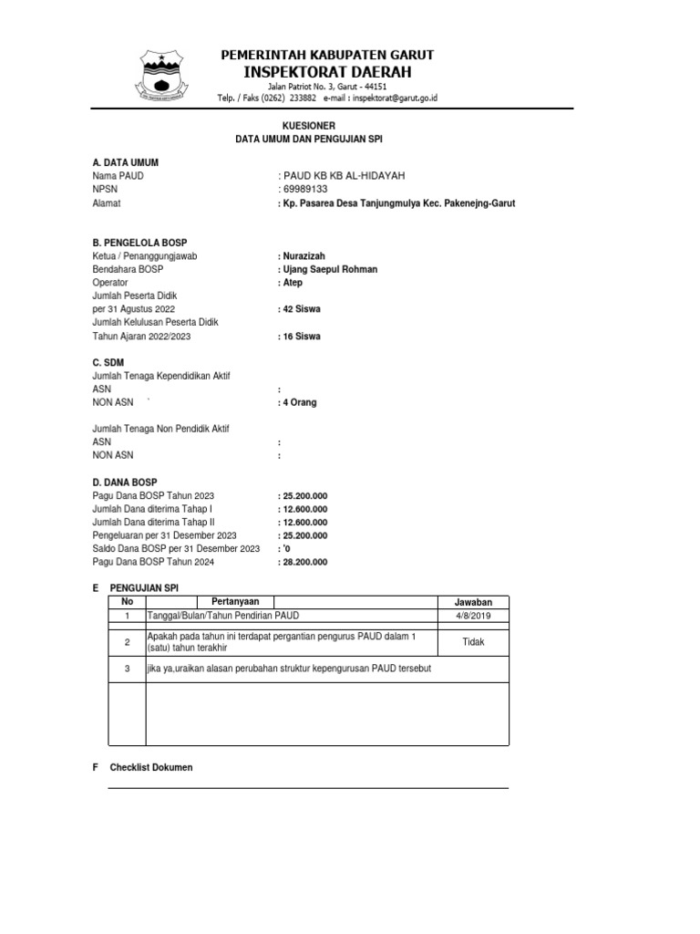 Paud KB Al Hidayah Pasarea, Kuesioner Evaluasi Bosp | PDF | Pengelolaan ...
