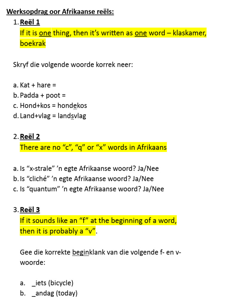 Werksopdrag Oor Afrikaanse Reëls | PDF