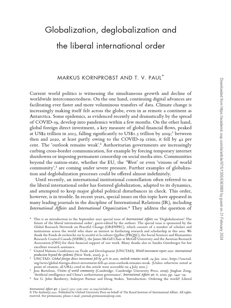 Globalisation Deglobalisation and The Liberal International Order by ...