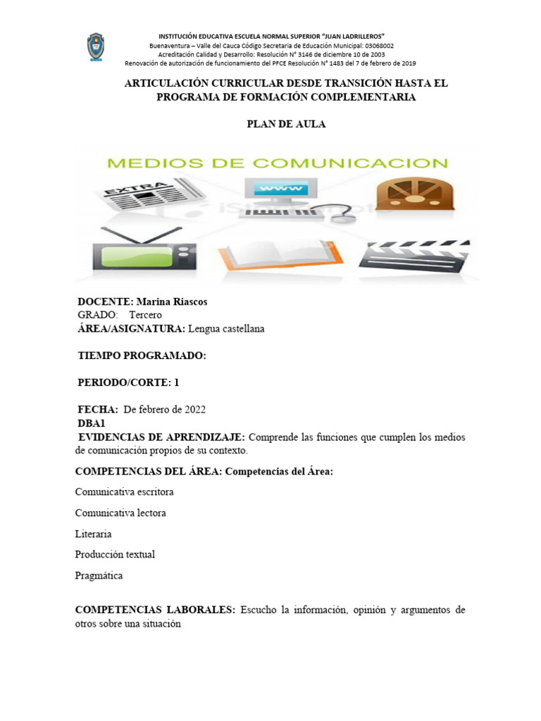 Medios de Comunicacion Plan de Aula Marina Riascos | PDF | Medios de ...