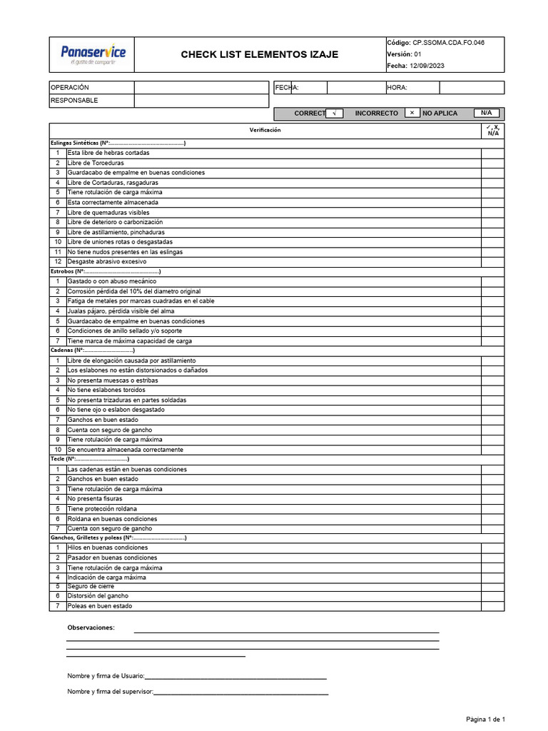 Check List de Elementos de Izaje V1 | PDF | Materiales