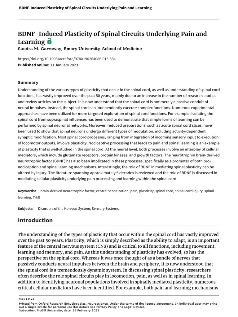 BDNF-Induced Plasticity of Spinal Circuits Underlying Pain and Learning ...
