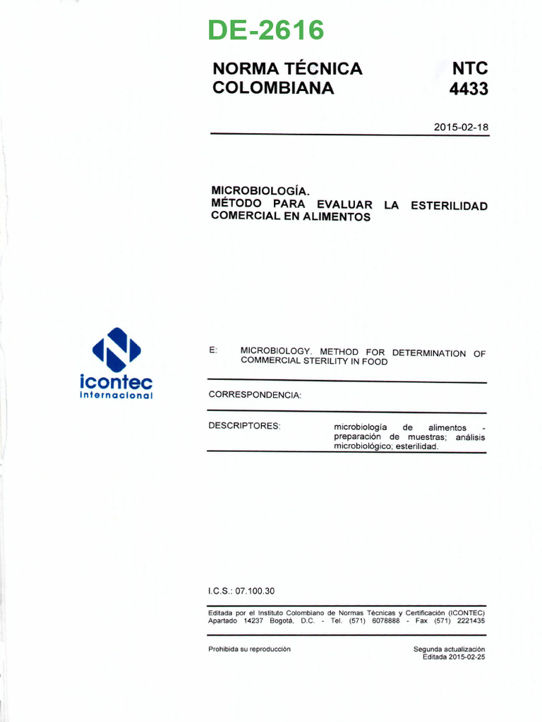 NTC 4433: Esterilidad Comercial en Alimentos | PDF | Alimentos
