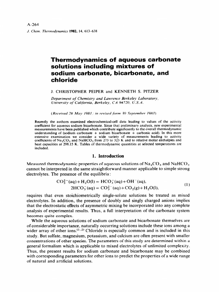 1982 - Thermodynamics of Aqueous Carbonate Solutions.. J. C. Peiper, K. S. Pitzer. J. Chem ...