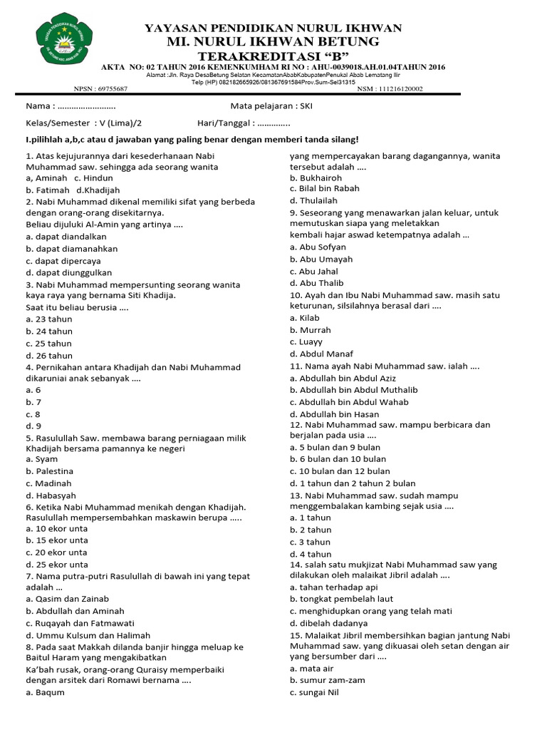 Soal Kls 5 SKI Kelas 5 S. 2 | PDF | Agama & Spiritualitas
