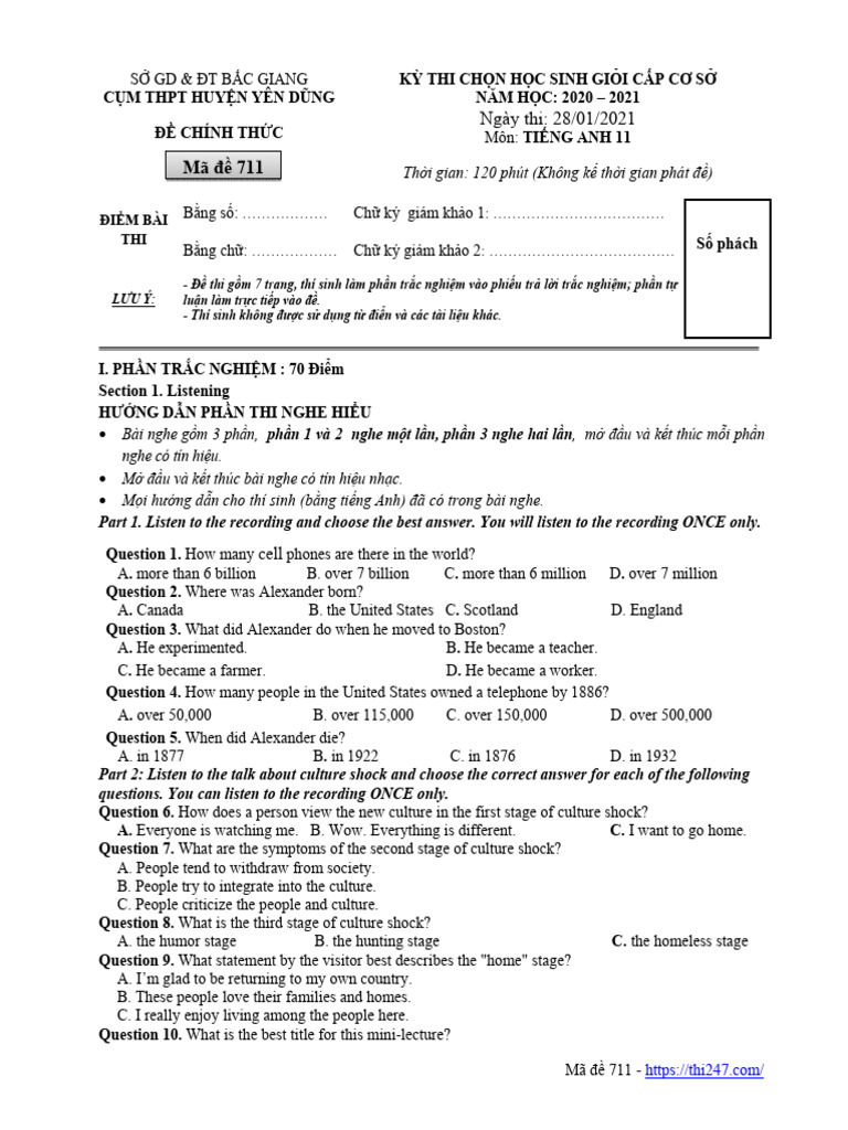 De Hoc Sinh Gioi Tieng Anh 11 Nam 2020 2021 Cum THPT Huyen Yen Dung Bac Giang | PDF | Leadership ...