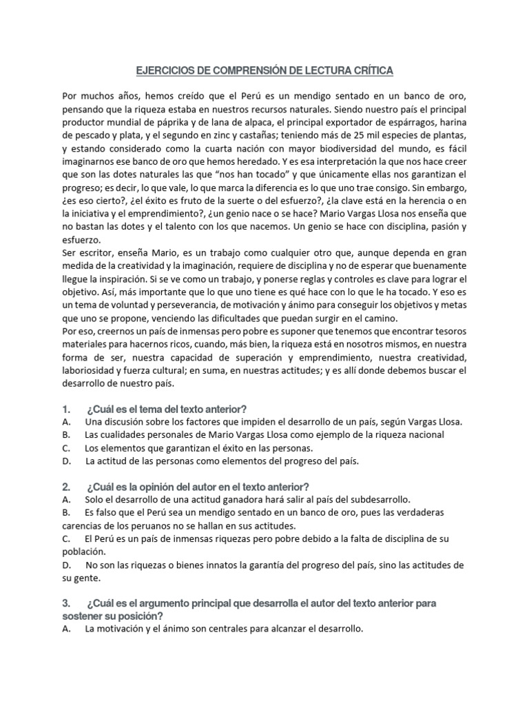 Ejercicios de Comprensión de Lectura Crítica 1 | PDF | Perú