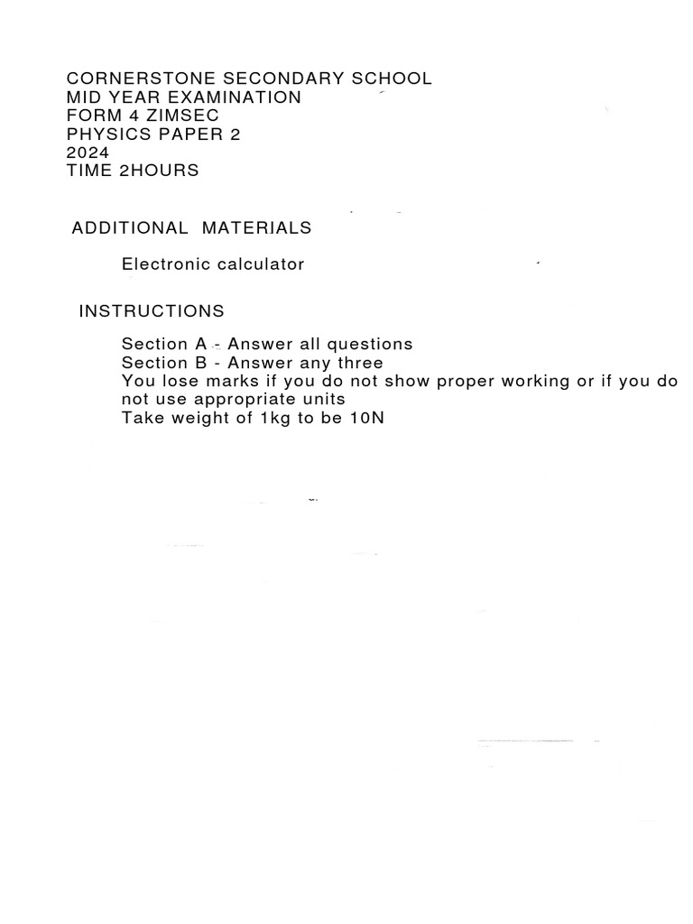 Form 4 Zimsec 2nd Term Physics p2 2024 | PDF