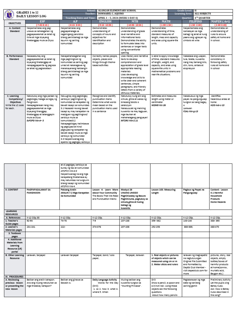 DLL All Subjects 2 q4 w1 d4 | PDF