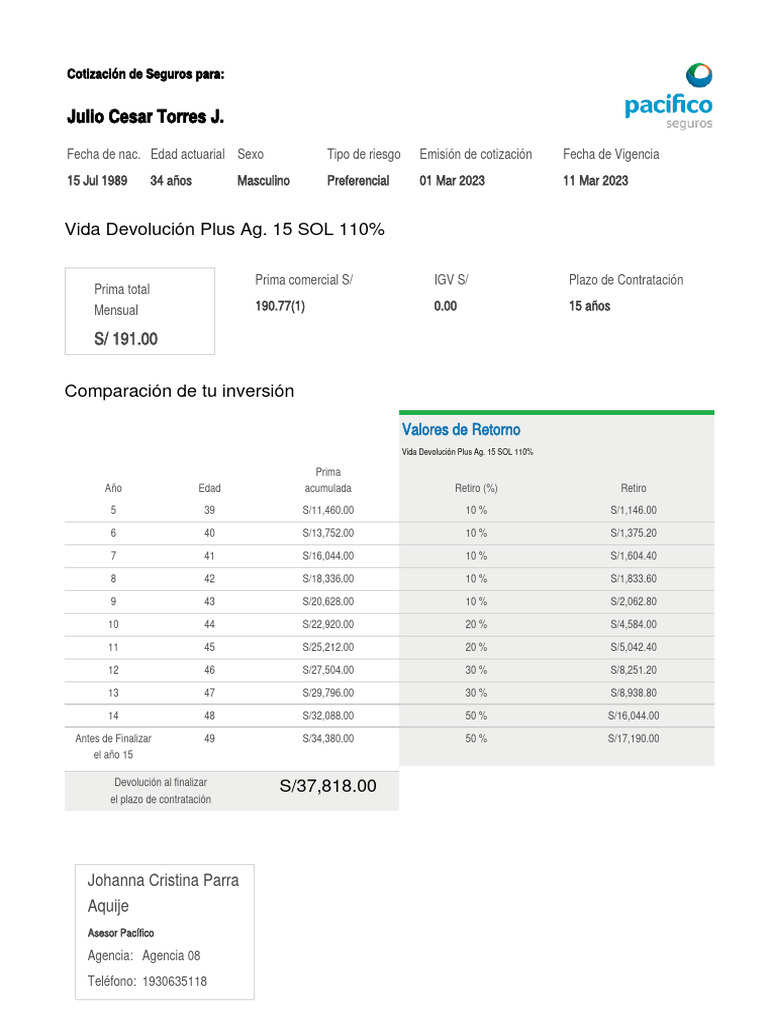 Cotización Seguro Vida Devolución Plus | PDF | Tipo de cambio